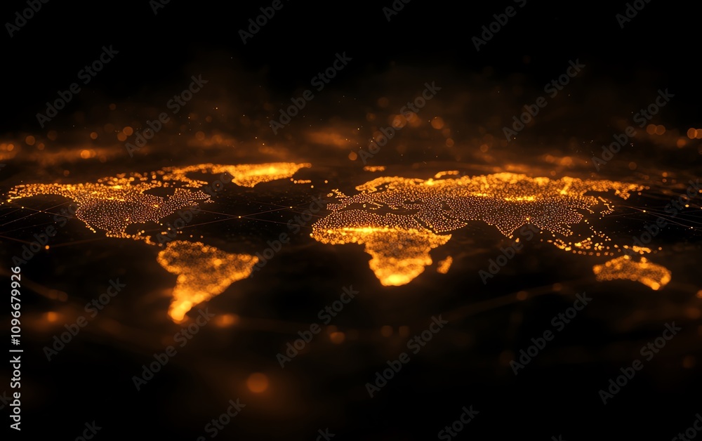 Digital world map with illuminated virtual network pathways on a dark ...