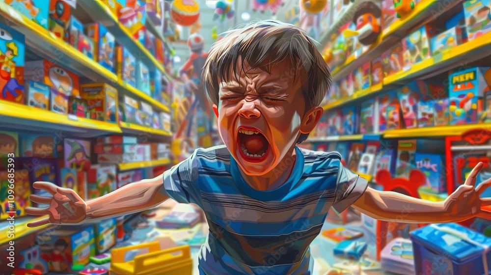 Vector illustration. A little boy in tears and hysterics made a scene ...