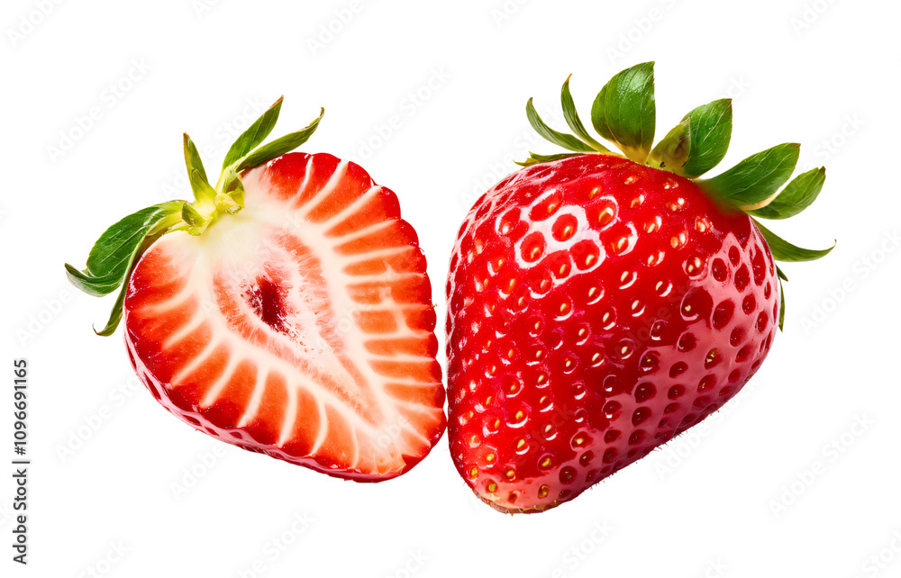 Fresh juicy strawberries one whole and one half cut isolated on a ...