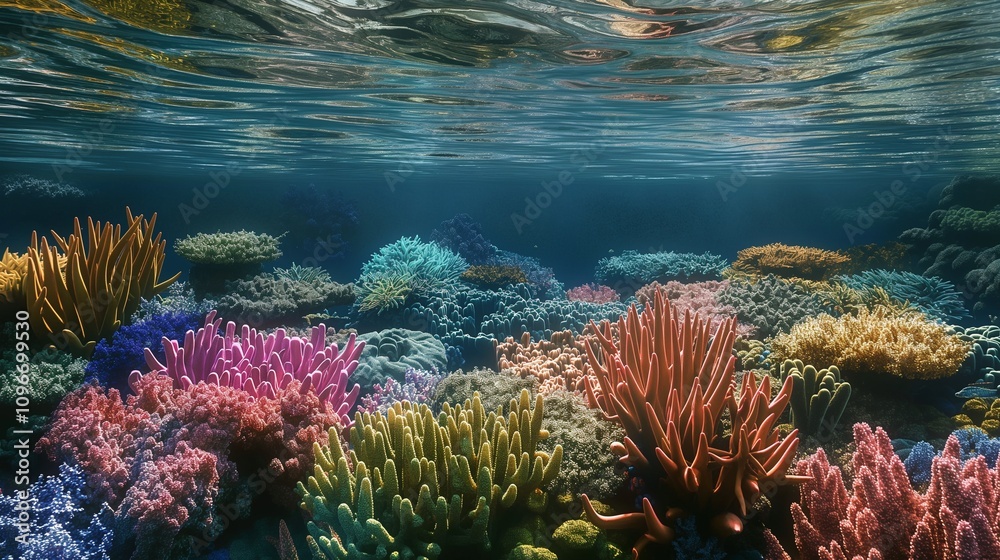 A vibrant coral reef viewed from below the water surface, with various ...