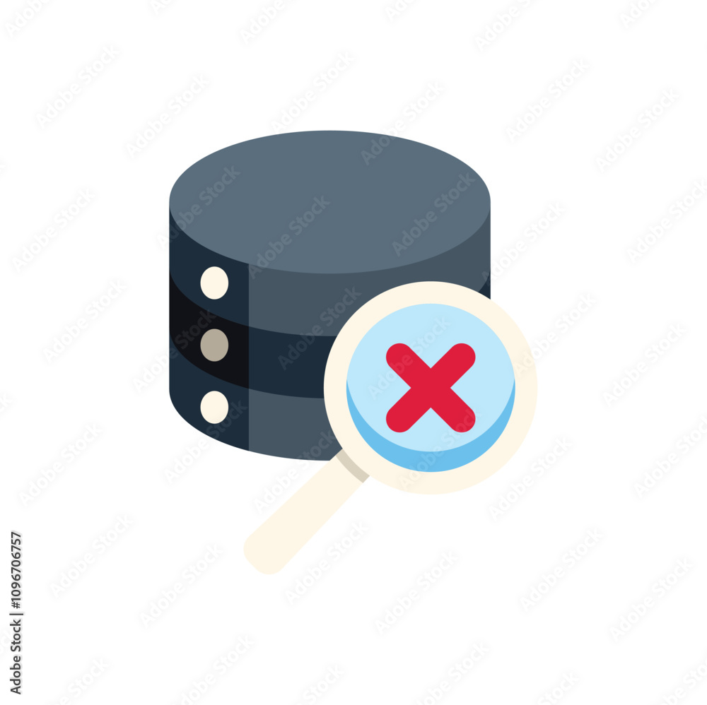 Magnifying glass is hovering over a database with a red x, representing ...