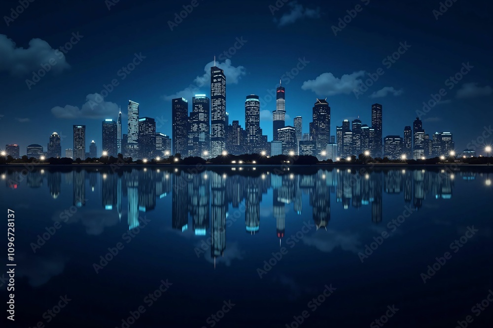 Elegant Urban Skyline at Night with Reflections on a Serene Lake - A ...