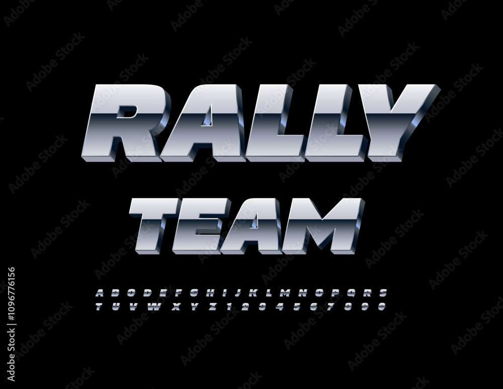 Vector metallic logo Rally Team. 3D Steel Font. Silver digital Alphabet ...