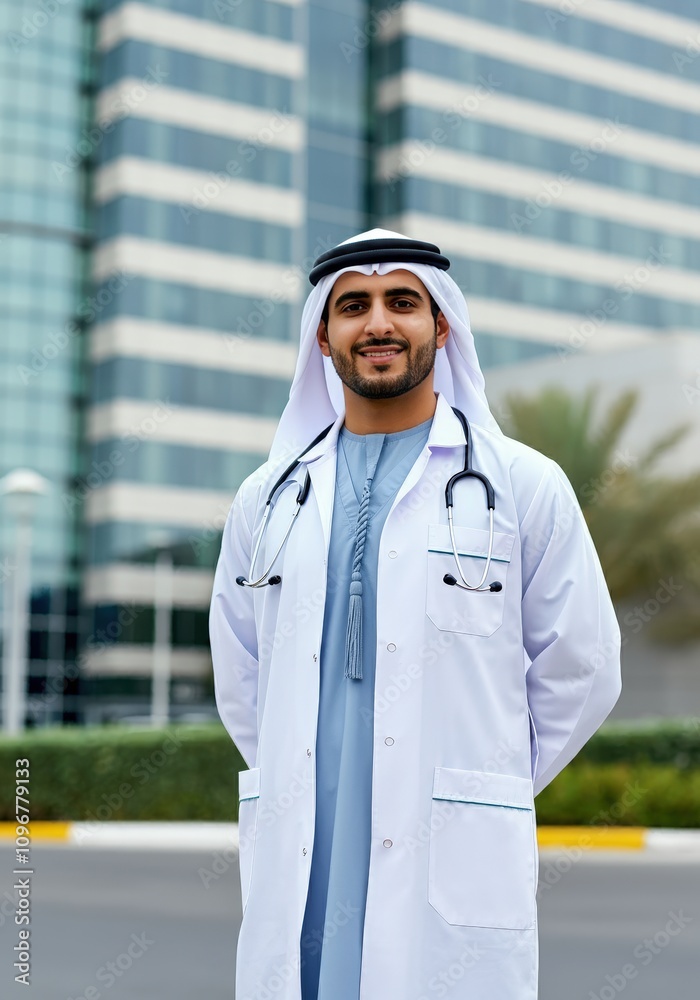 Confident Middle Eastern male doctor in traditional attire and white ...