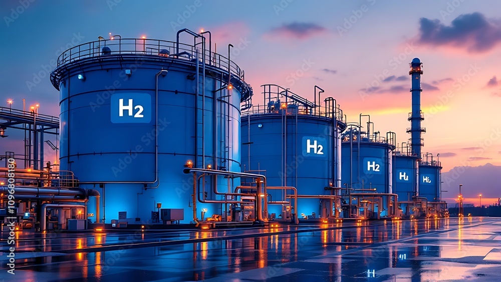 Detailed 3D model of large hydrogen storage tanks prominently labeled ...