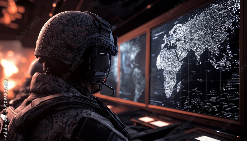 A military operation room where holographic maps and mission plans are ...