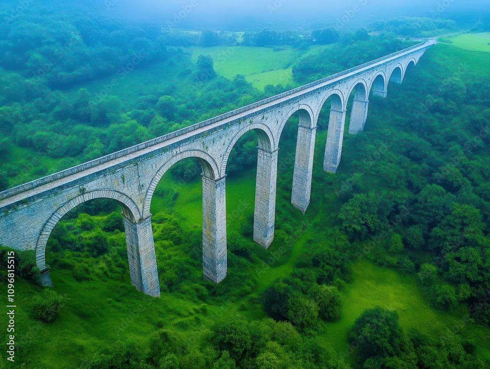 Roman aqueduct spanning lush countryside, top view, highlighting ...