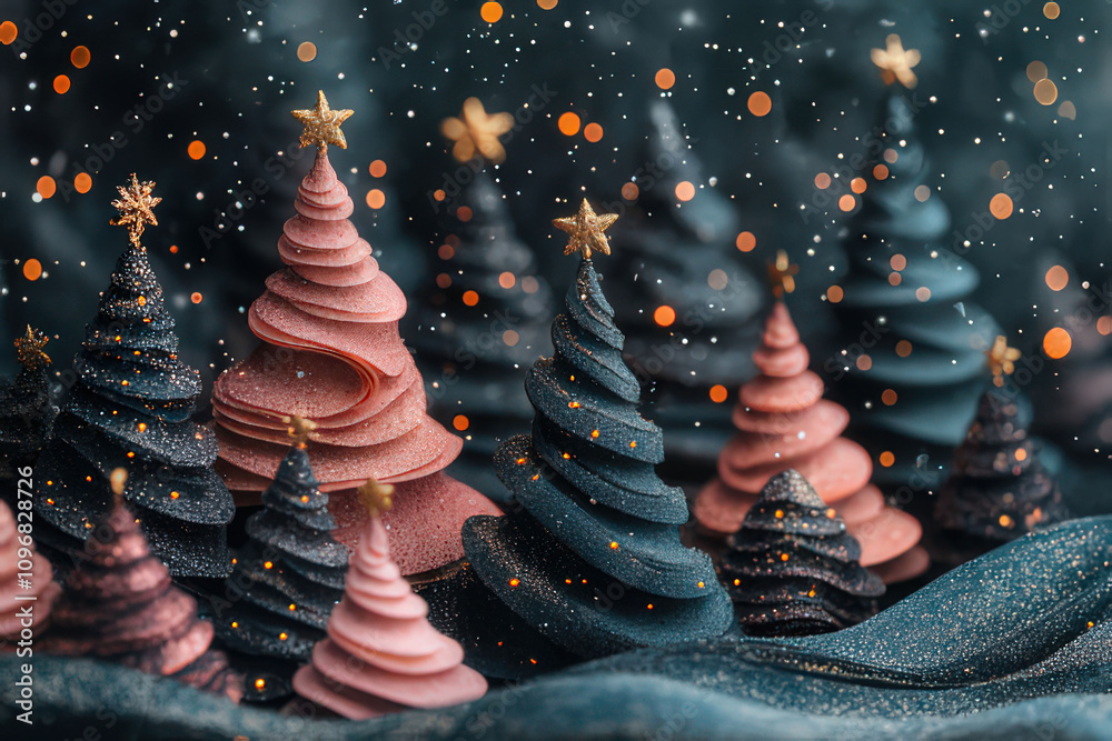 Magical Papercraft Christmas Forest Scene with Gold Glitter Stock Photo ...
