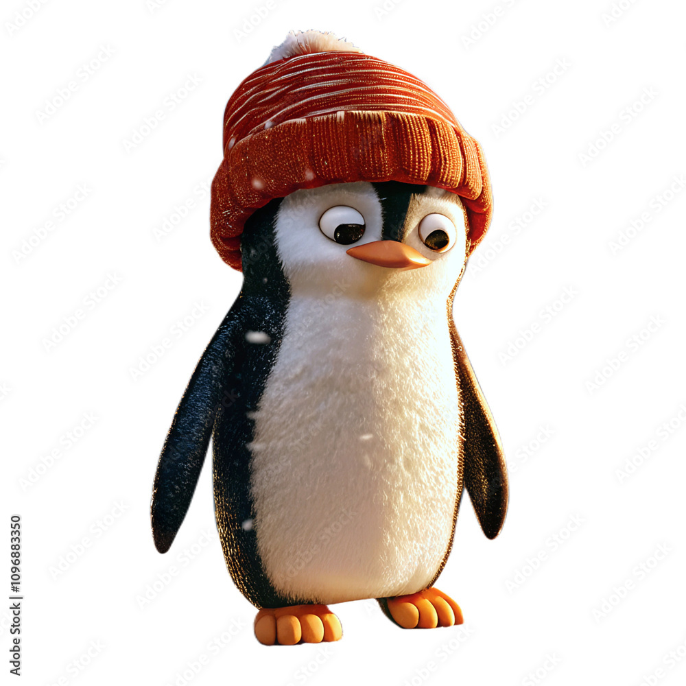 Little baby penguin in red hat, animals and wildlife, isolated on ...