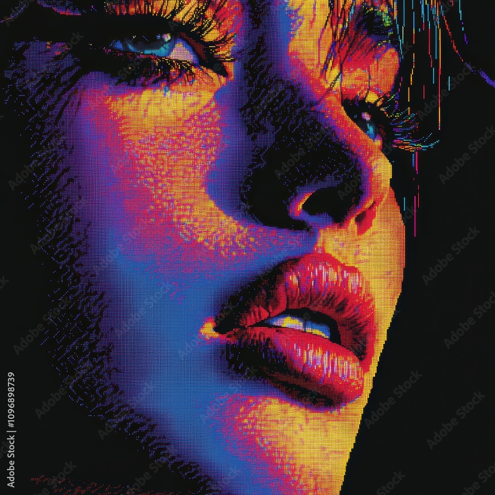 pixel art of a woman's face getting covered in paint, black background ...