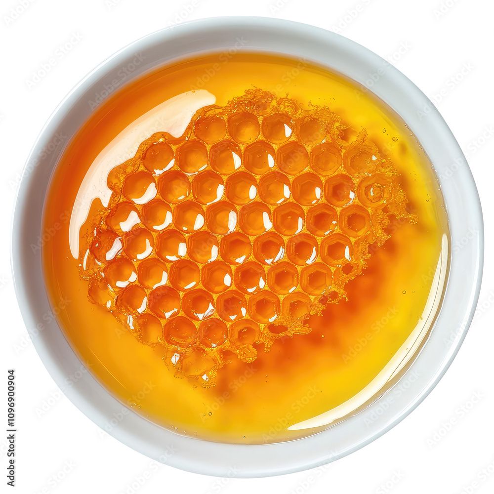honeycomb with honey in a plate top view isolated on transparent white ...