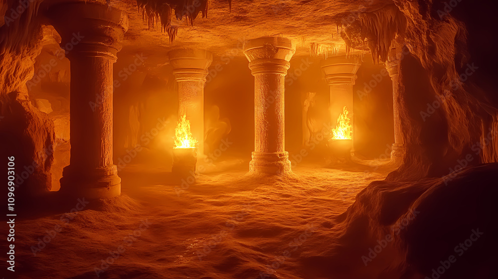Mysterious ancient cave with stone pillars and flickering flames ...
