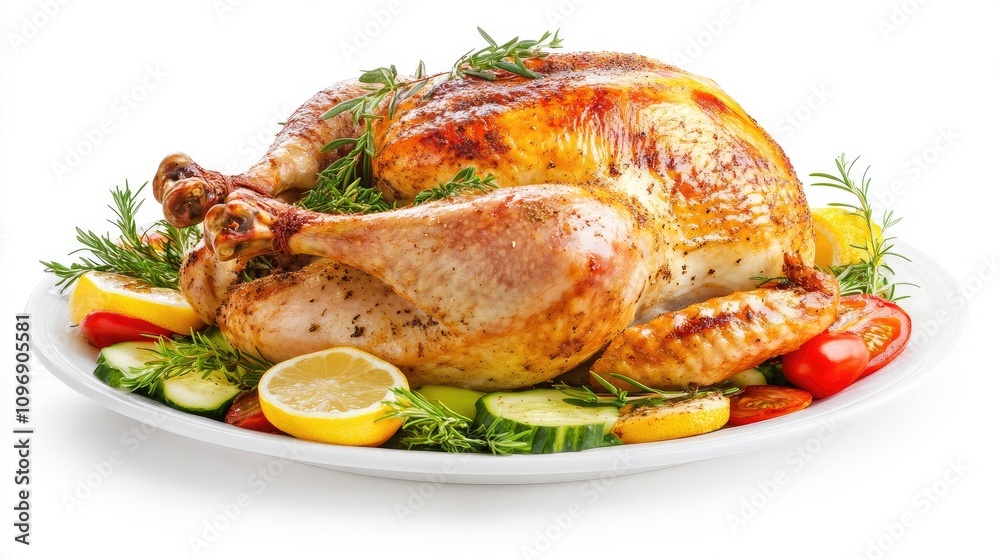 Whole perfectly cooked turkey on a platter, decorated with herbs and ...