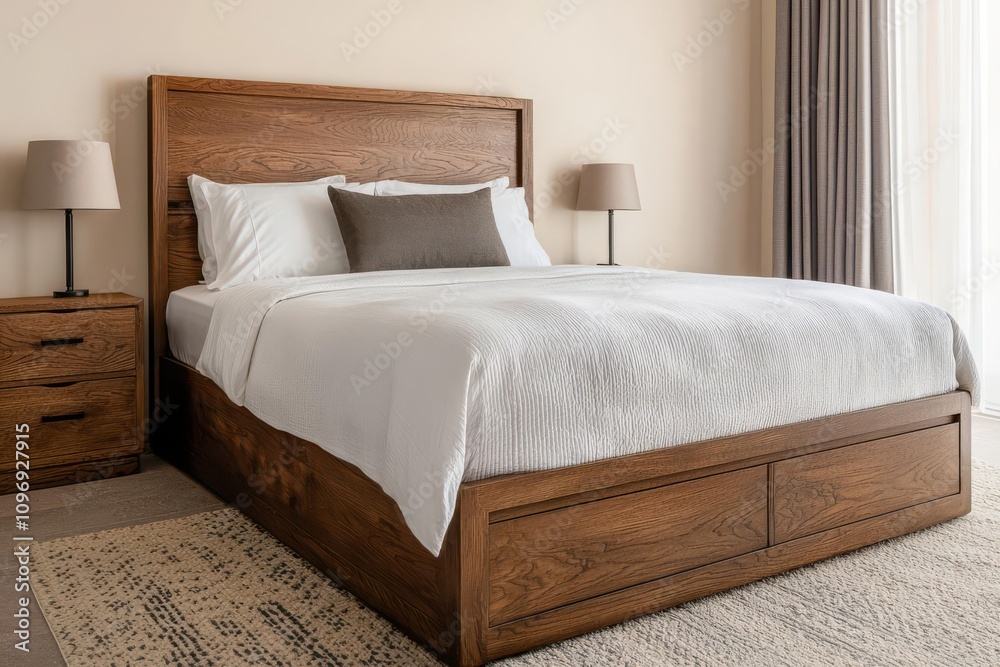 woodwork and carpentry concept. A bespoke wooden bed frame with hidden ...