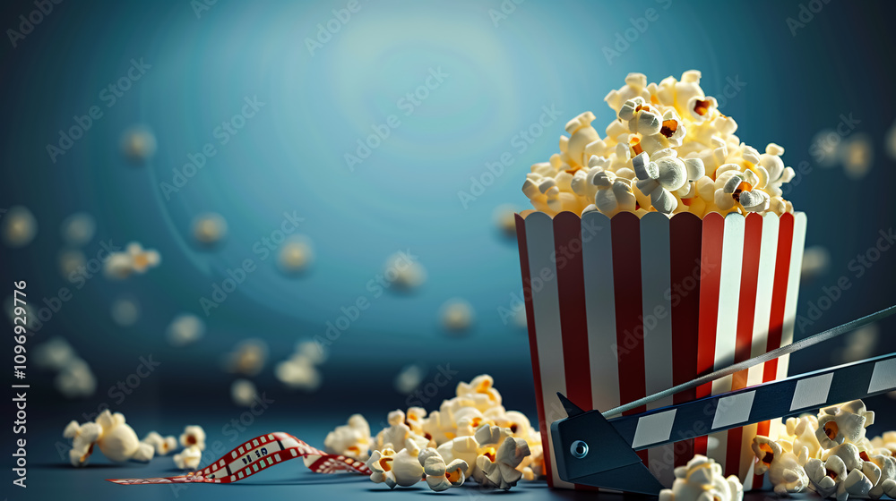 Blank cinema promo card or ticket, popcorn, filmstrip, and clapper ...