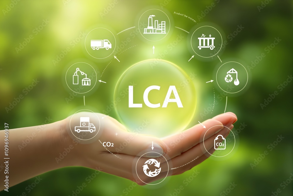 LCA Life Cycle Assessment Concept. A hand showcasing glowing globe ...