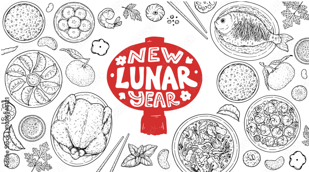 Foods of Chinese Lunar New Year frame. Hand drawn vector illustration ...