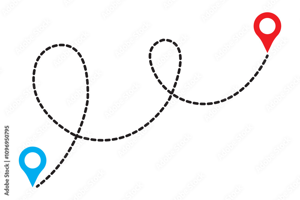 Route icon between two points with dotted path and location pin. Location pointer continuous one ...