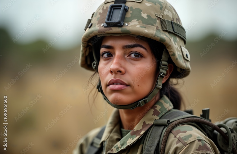 Female soldier in camouflage uniform. Woman army officer wears helmet ...