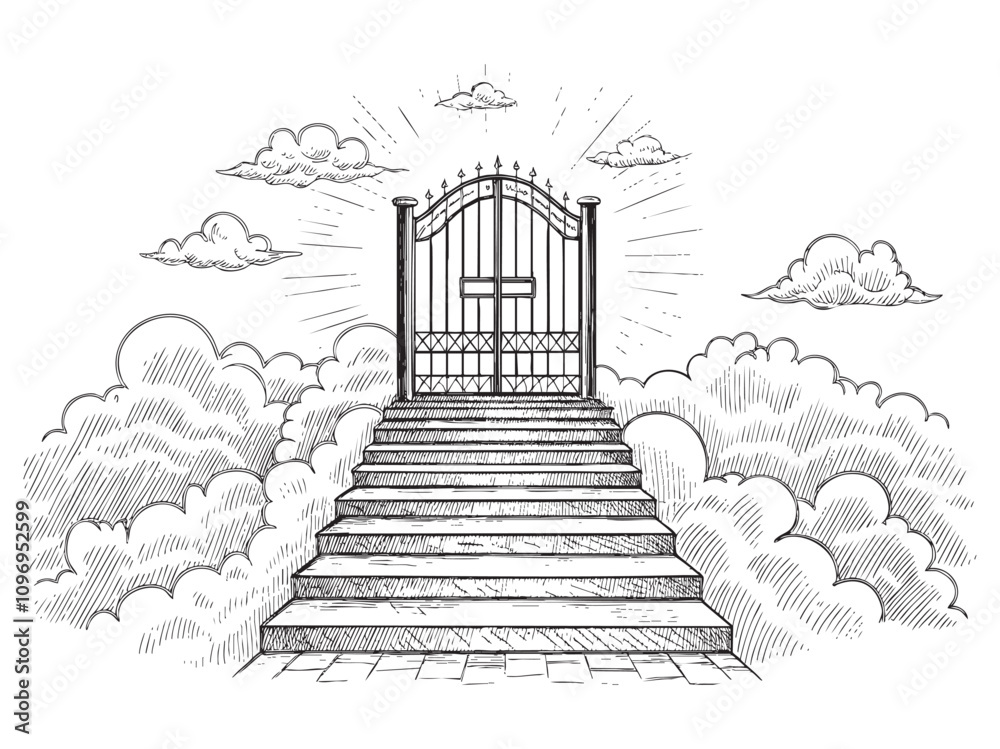 staircase and gate in heaven in the clouds sketch hand drawn drawing ...