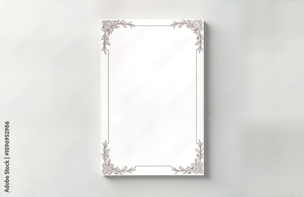 Blank funeral flyer mockup. White template. Floral frame. Soft shadows ...