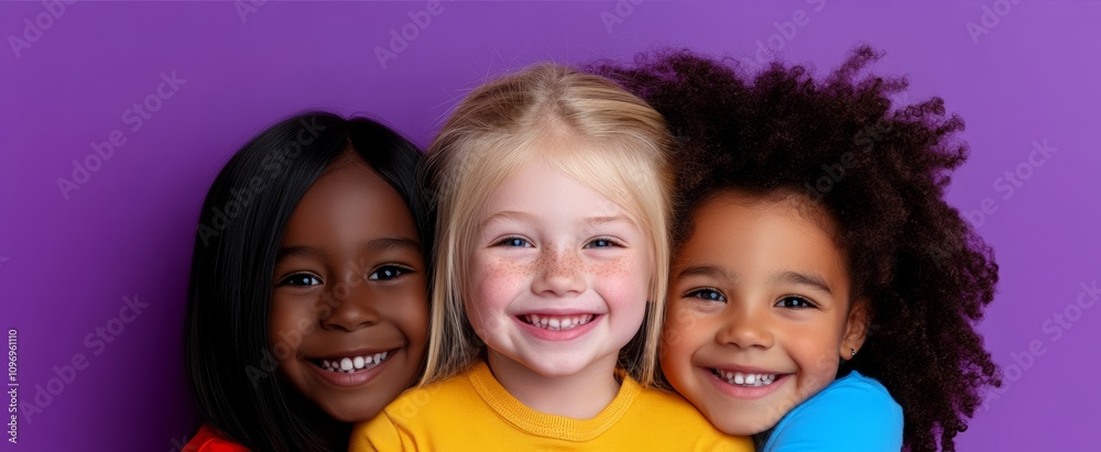 Three young girls are smiling and hugging each other. The girls are of ...