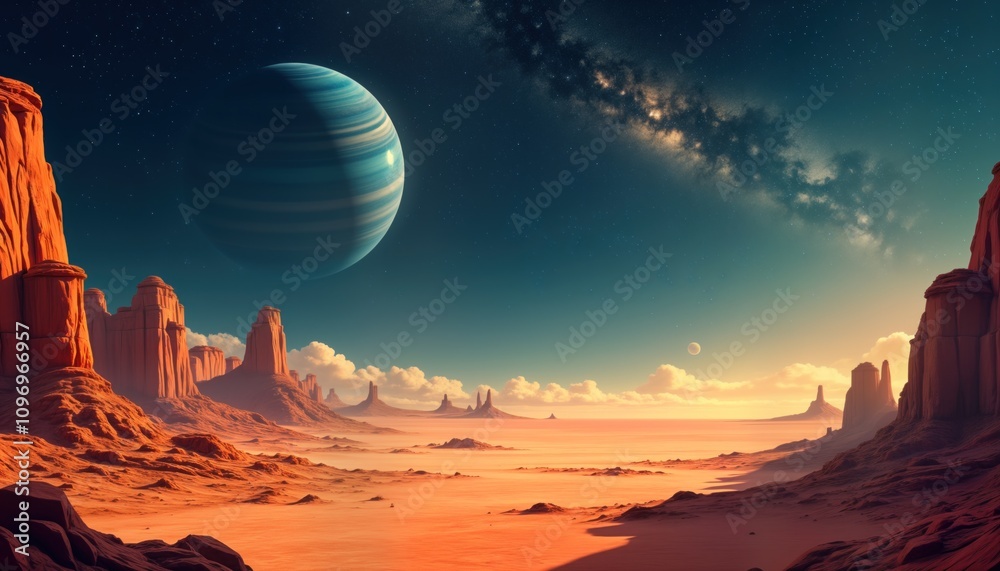 Sandy canyon on exoplanet. Red rocks under sunset. Large blue gas giant ...