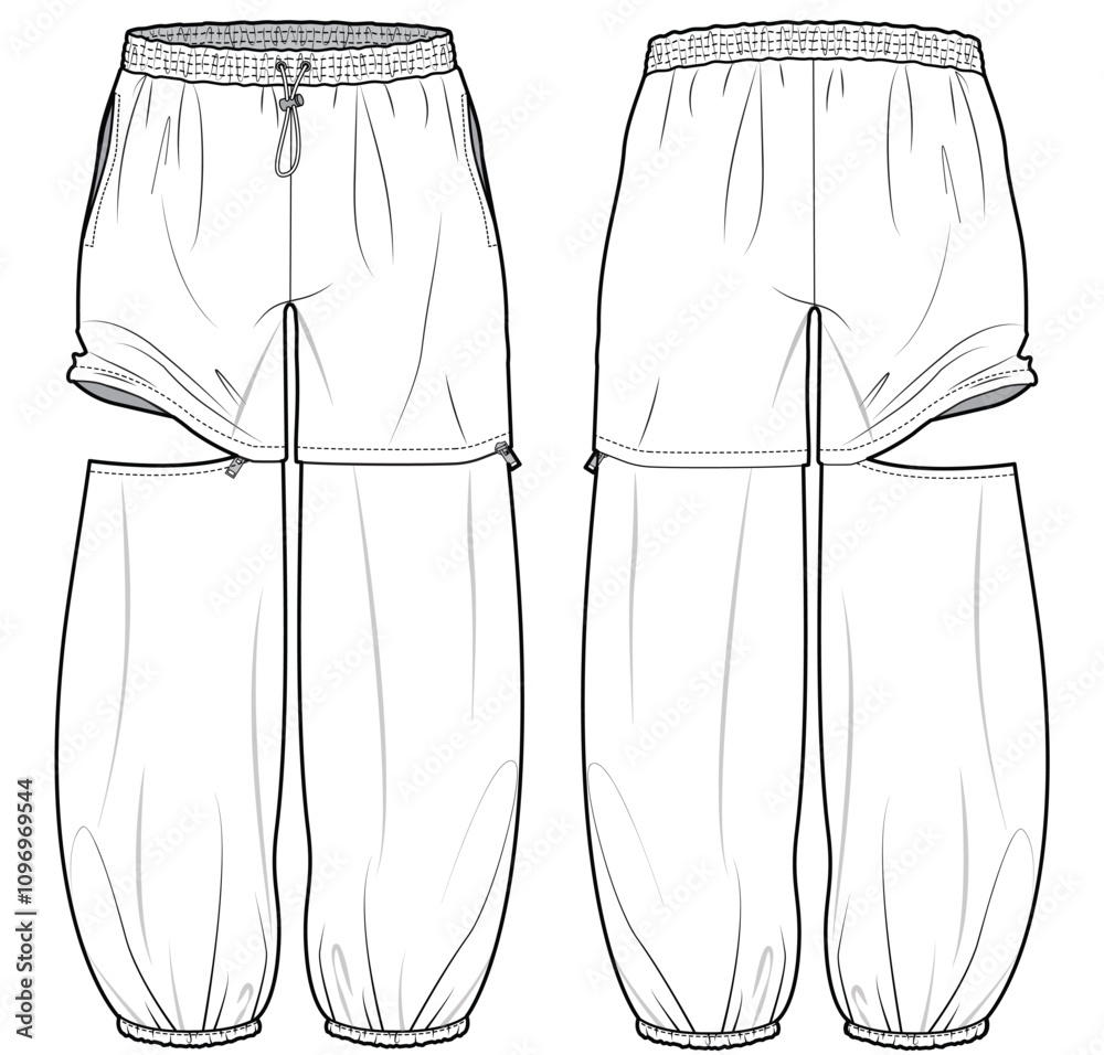 unisex drawstring elastic waist convertible trouser flat sketch vector ...