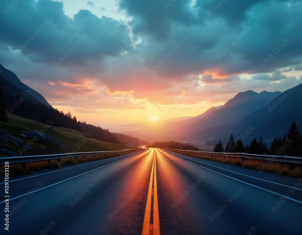 Asphalt road stretches to sunset. Mountains frame highway. New year ...