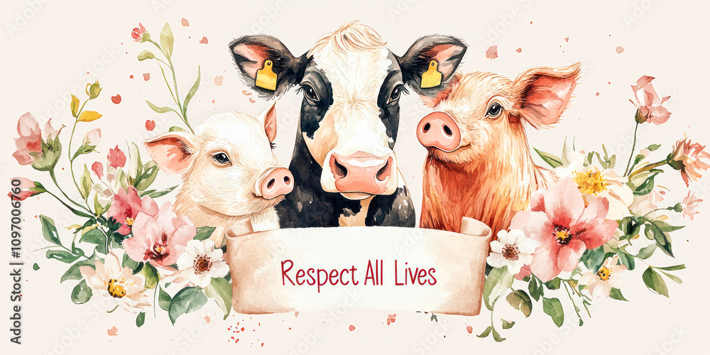 Watercolor illustration of a cow and pigs surrounded by flowers ...