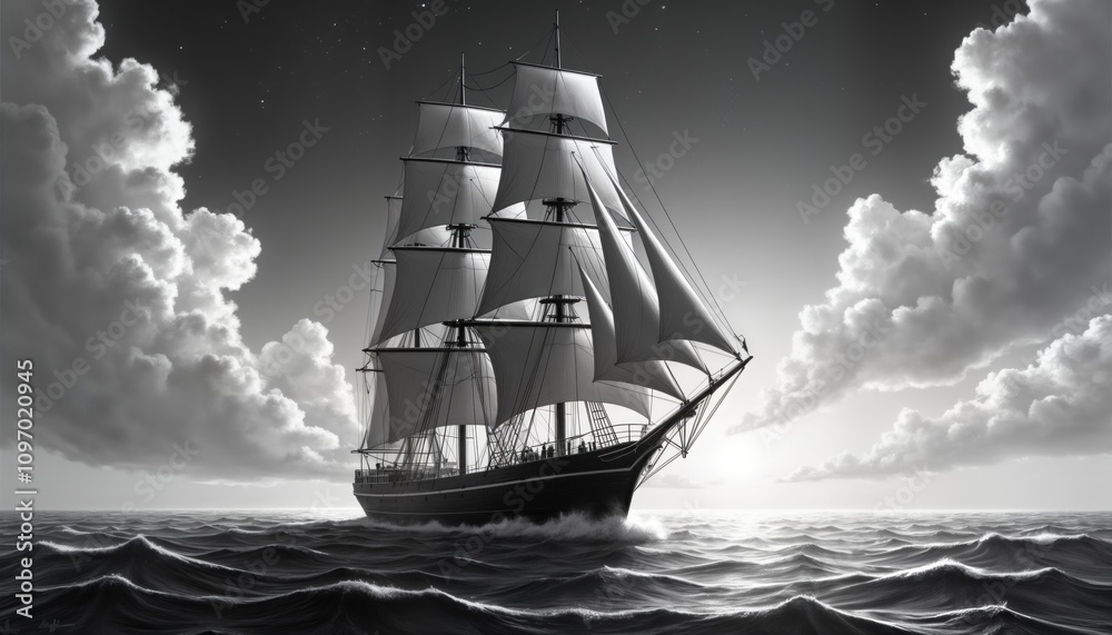 Black ink sailboat graphic art print. Nautical ship vessel on ocean ...