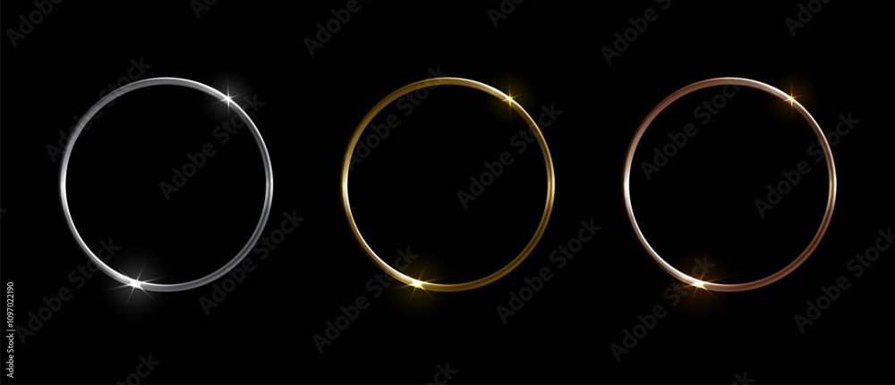 Gold, silver and bronze metal circle. 3d realistic round frames, shiny ...