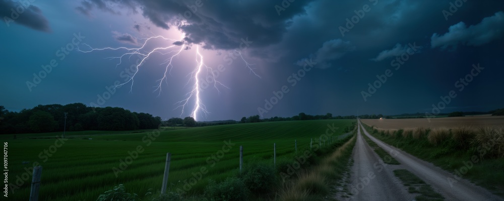 Lightning strikes rural farmland. Dramatic stormy night sky. Country ...
