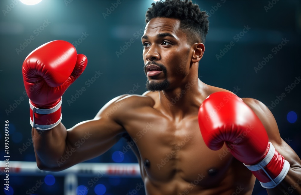 African American male boxer in boxing. Man wears red gloves. Athlete ...
