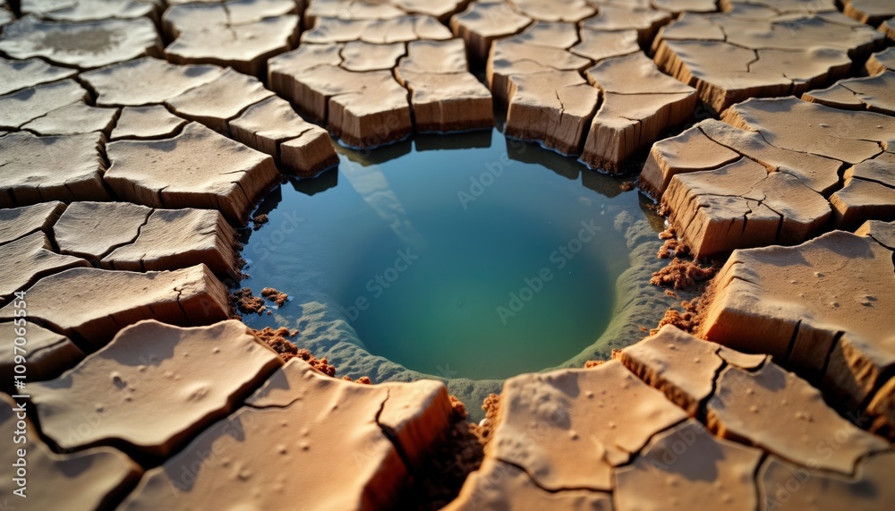 Parched earth cracks surround small water pool. Dry arid land shows ...