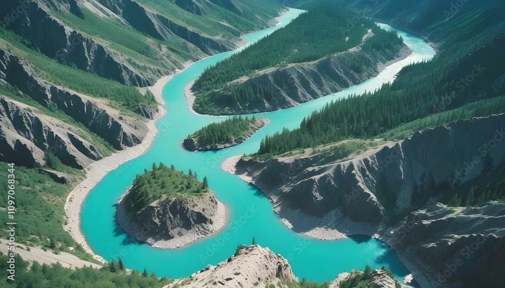Una vista aérea panorámica de un río turquesa que fluye a través de un ...