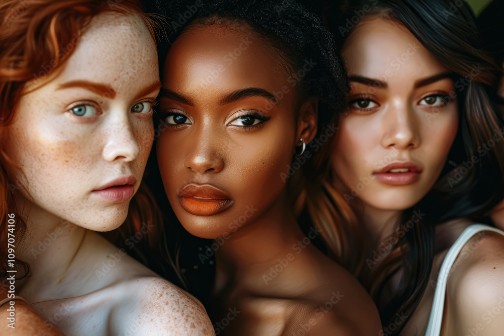 Three women with different skin tones are posing for a photo. Scene is ...
