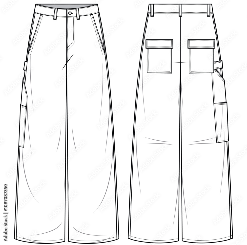 mens wide leg baggy carpenter jeans flat sketch vector illustration ...