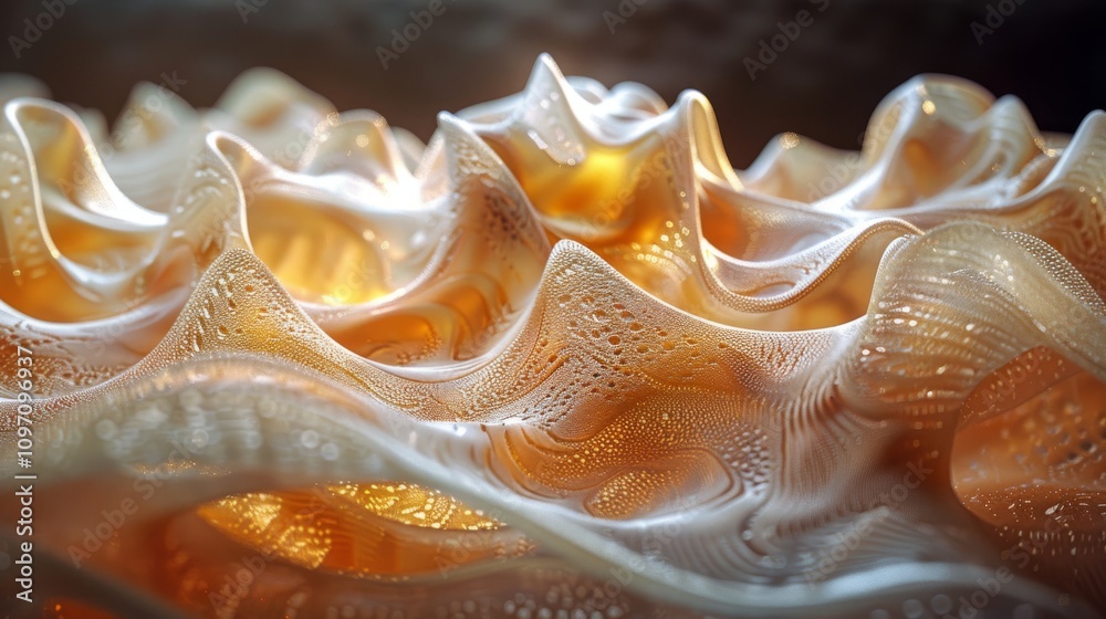 Abstract close-up of translucent, wavy material with golden hues ...