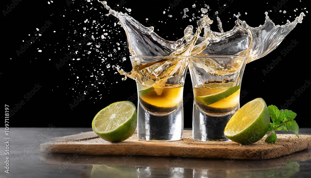 Dynamic image of tequila shots in mid-toast, capturing a vibrant splash ...