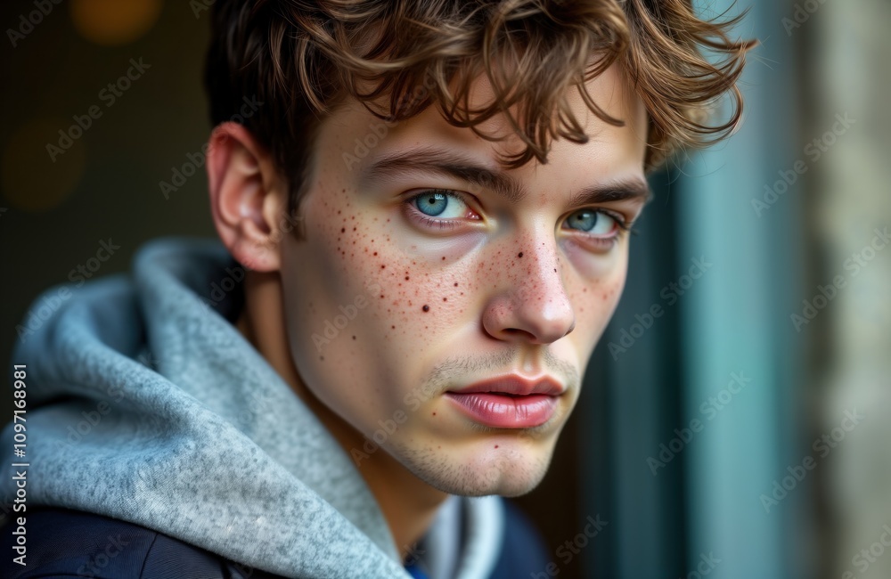 Man with freckles blue eyes looks confidently. Handsome male model ...