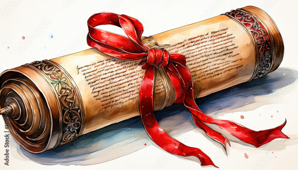 A watercolor illustration of an ancient scroll featuring verses about ...