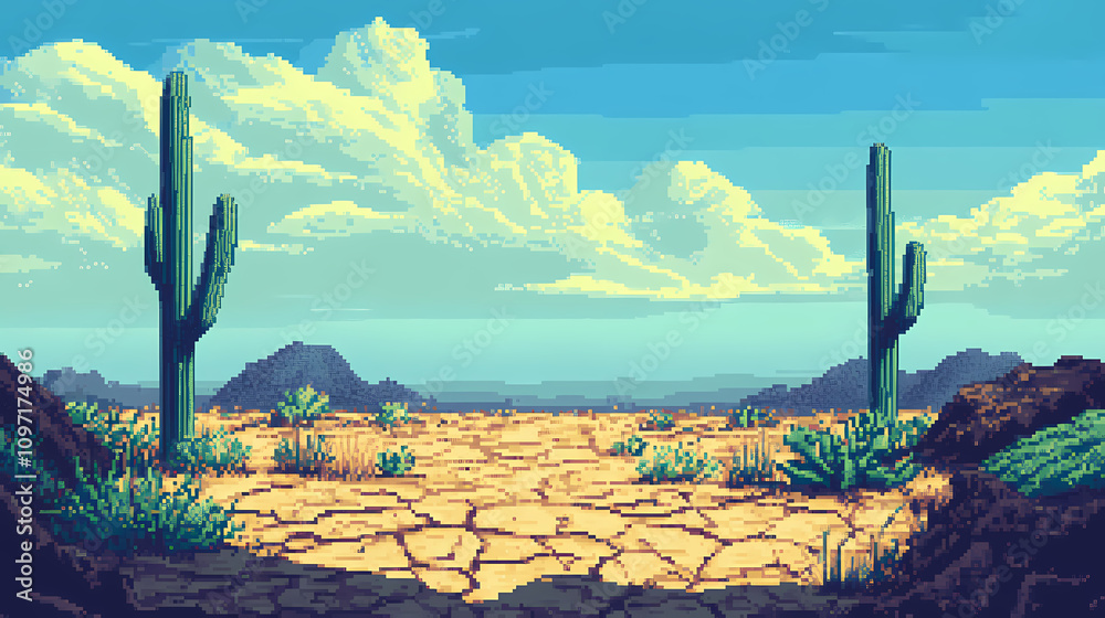 Pixel art windy desert with cacti, tumbleweeds, dry cracked ground ...