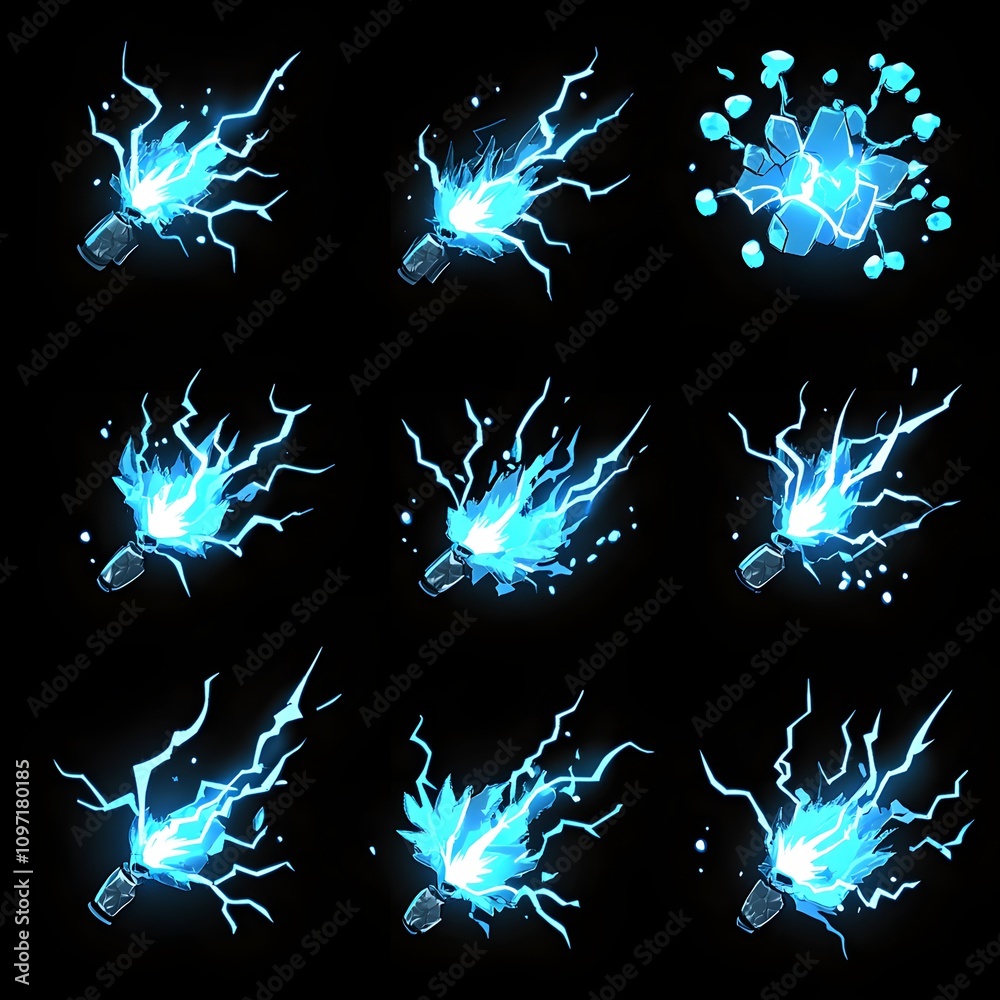 cartoon lightning animation animated frames of electric strike magic electricity hit and ...