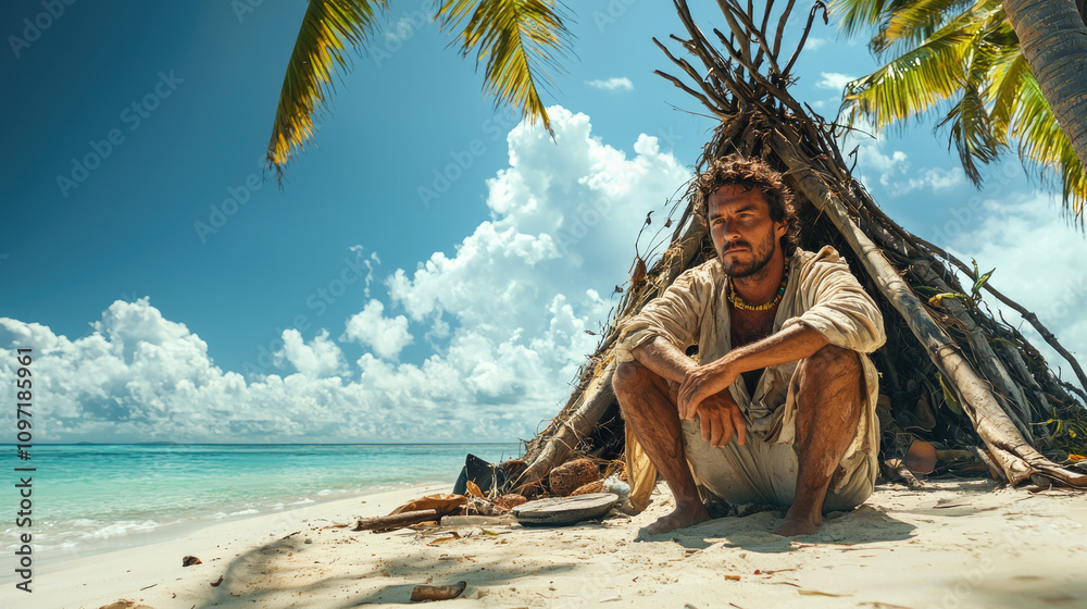 Lone bearded man in rags sitting on uninhabited island with palm trees ...