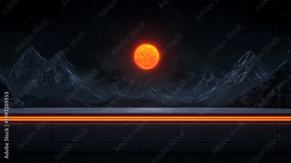 Futuristic Lunar Landscape with Red Moon and Neon-lit Pathway 4k ...