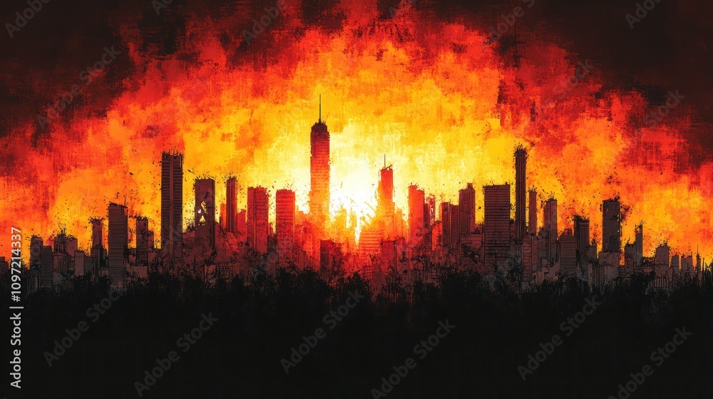 Silhouette of post-apocalyptic city skyline at sunset with tall ...