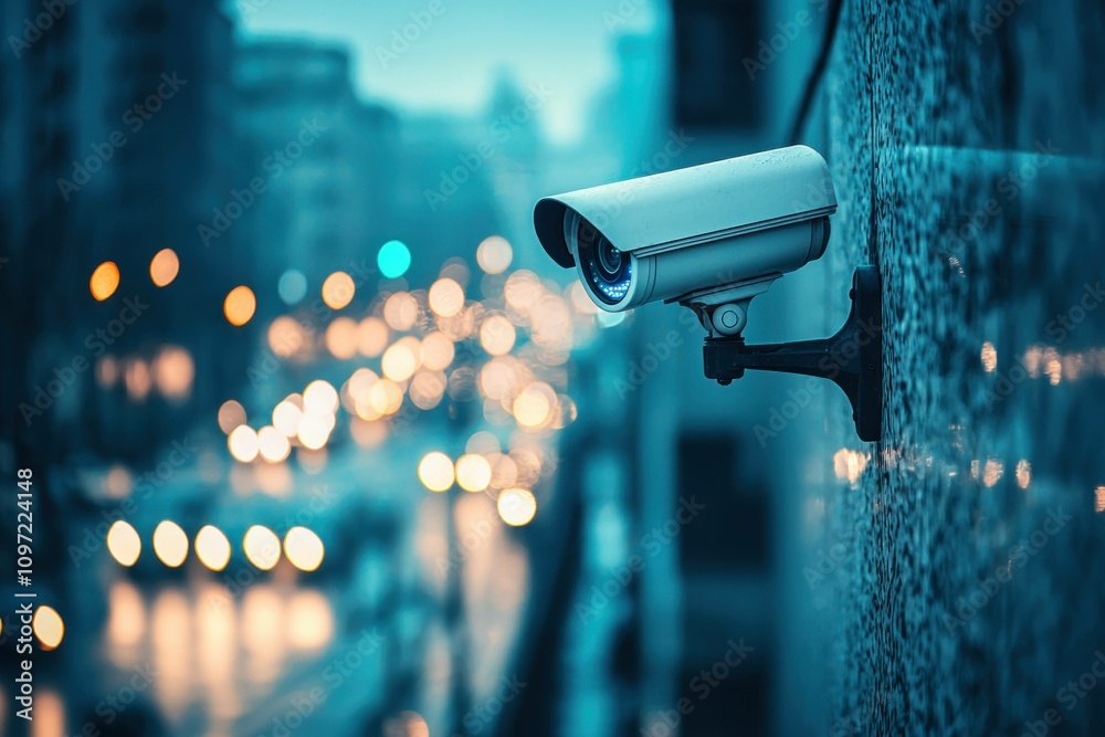Surveillance camera mounted on a city building, capturing a bustling ...