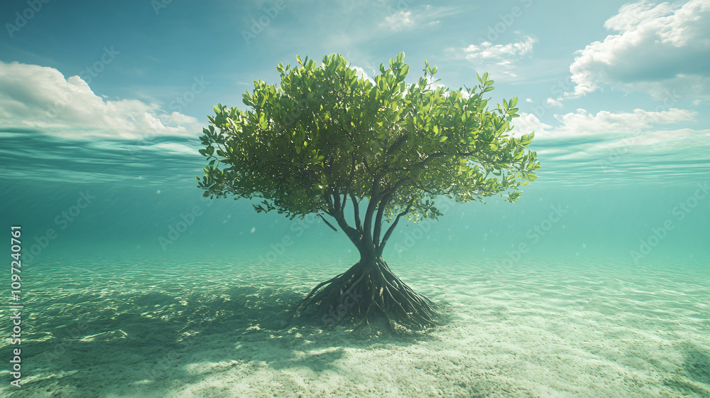 Mangrove tree with roots immersed in pristine shallow water and its ...