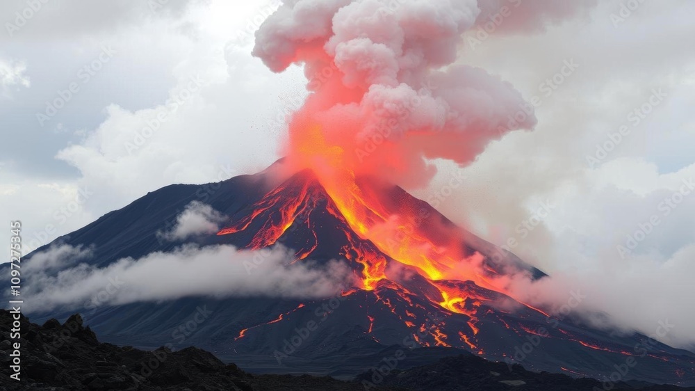Volcano erupting with flowing lava and ash clouds, reshaping landscape ...
